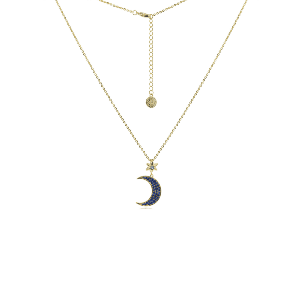 Mayfer, Collar con dije de luna en color azúl y dorado – Mayfer Joyas